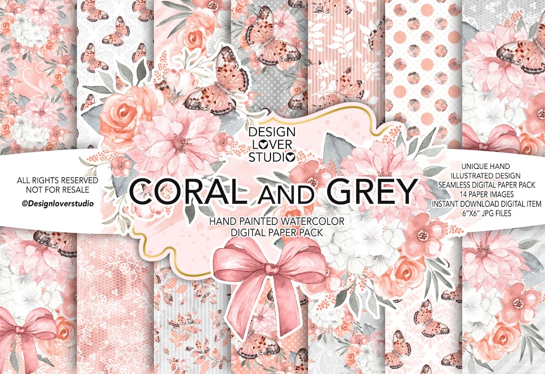 Watercolor CORAL and GREY Digital Paper Pack, Bow, Hydrangea, Bird ...