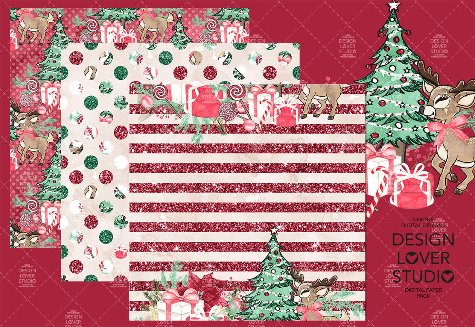 Christmas Doe Design Digital Paper, Christmas Candy, Christmas Tree ...