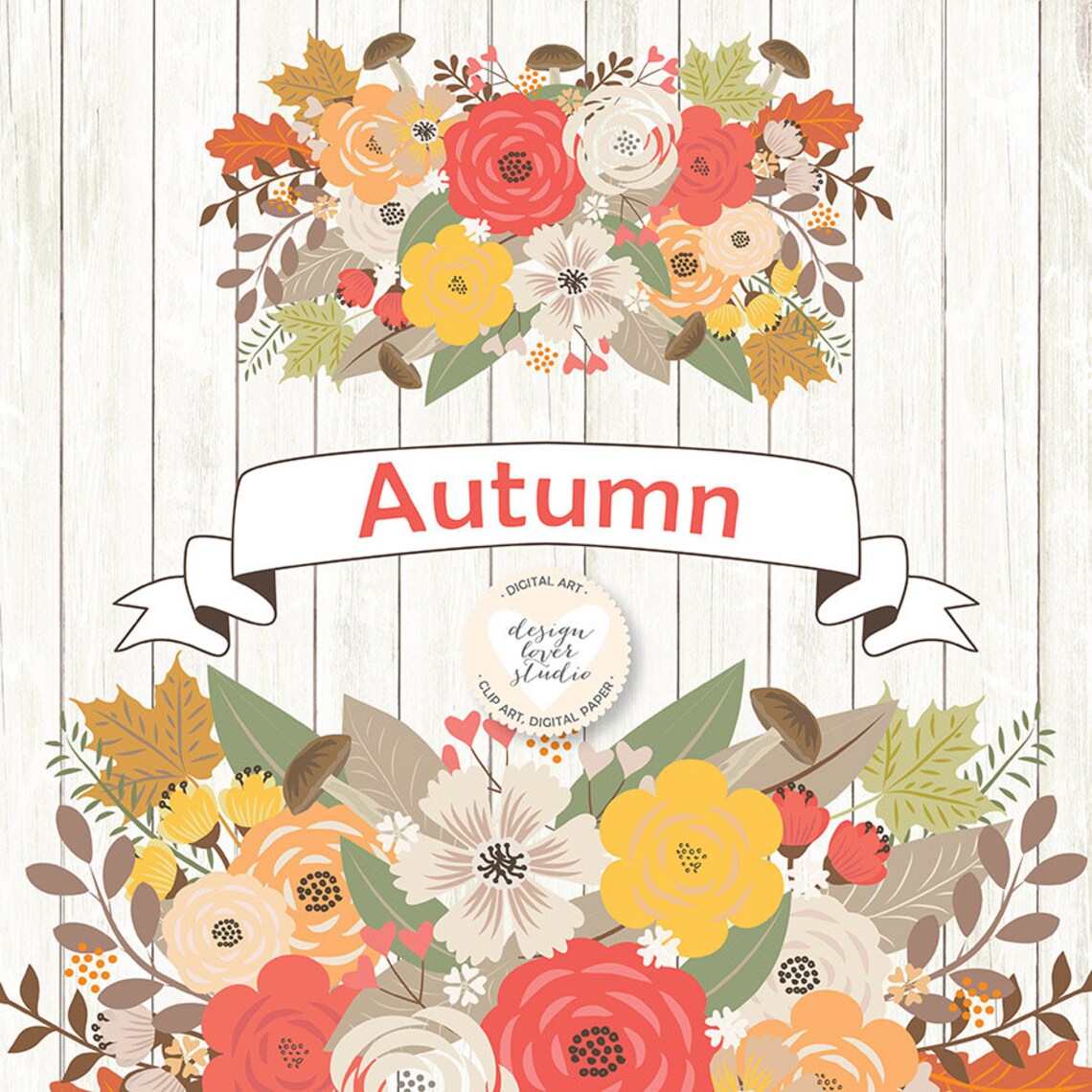 Vector Autumn Floral Clipart, Autumn Flower Clipart, Brown Floral ...