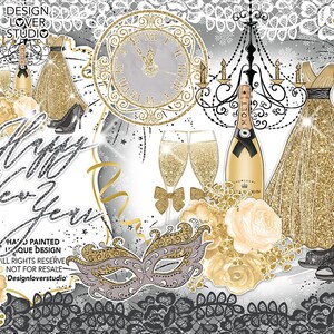 Happy New Year Gold Design, Champagne, Gold, Watercolor Clip Art ...