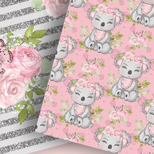 Cute Koala Digital Paper Pack, Spring Flower, Baby Pink Floral Digital ...