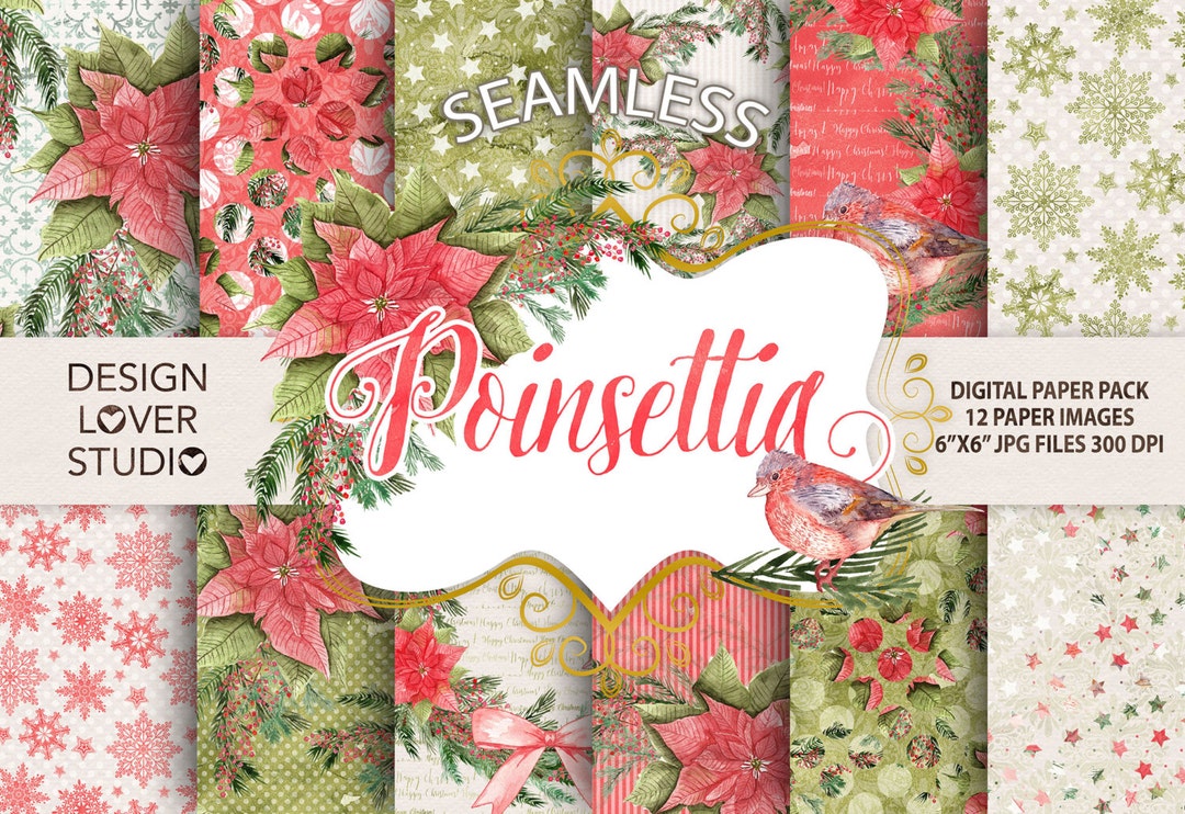Watercolor "poinsettia" Hand Painted Digital Papers, Pine Branches ...
