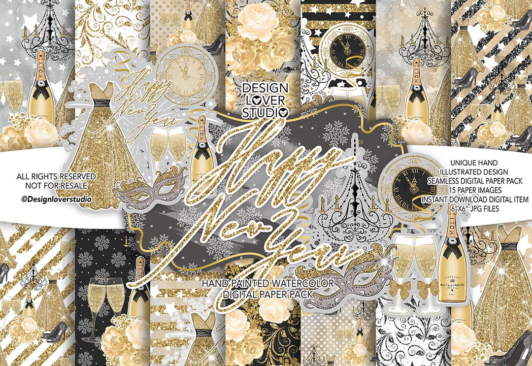 Happy New Year Gold Digital Paper Pack, Champagne, Gold, Watercolor ...