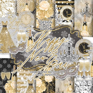 Happy New Year Gold Digital Paper Pack, Champagne, Gold, Watercolor ...
