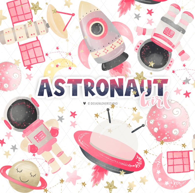 Watercolor Astronaut Space Clipart Girl Clipart Nursery - Etsy