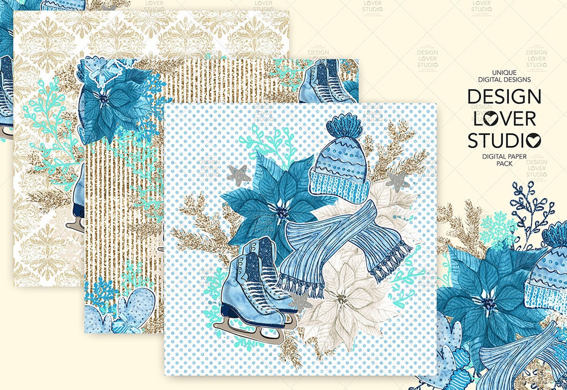 Hello Winter Blue Christmas Hand Painted Digital Papers Pine - Etsy