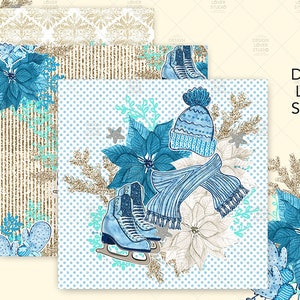 Hello Winter Blue Christmas Hand Painted Digital Papers, Pine Branches ...
