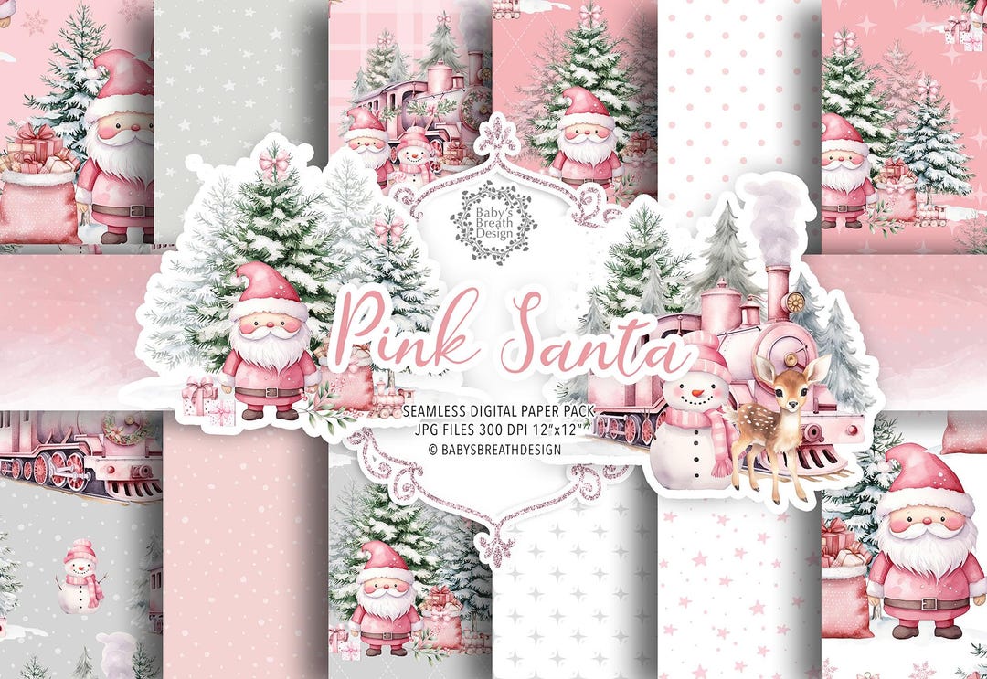 Watercolor Pink Polar Express Digital Paper Pack, Christmas Train ...