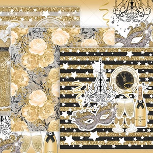 Happy New Year Gold Digital Paper Pack, Champagne, Gold, Watercolor ...
