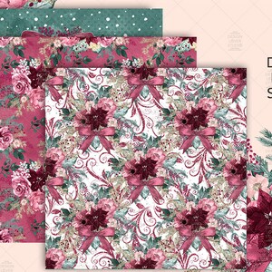 Burgundy Christmas Design Digital Paper Pack, Christmas Flower ...