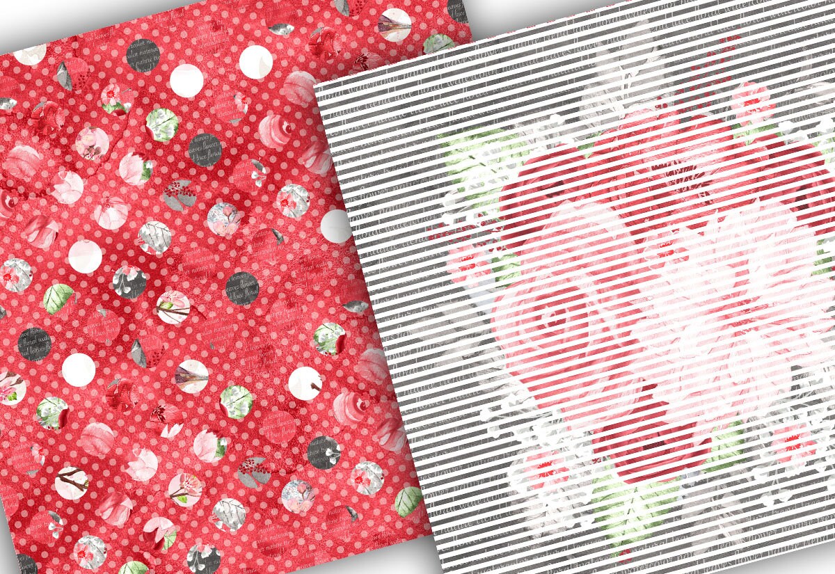 Watercolor RED ROMANCE Digital Paper Pack Red Roses Peony | Etsy