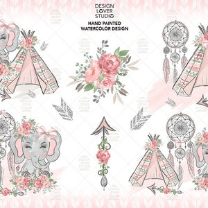 Boho Elephant Cute Design, Boho Watercolor Flower, Floral Clipart, Baby ...