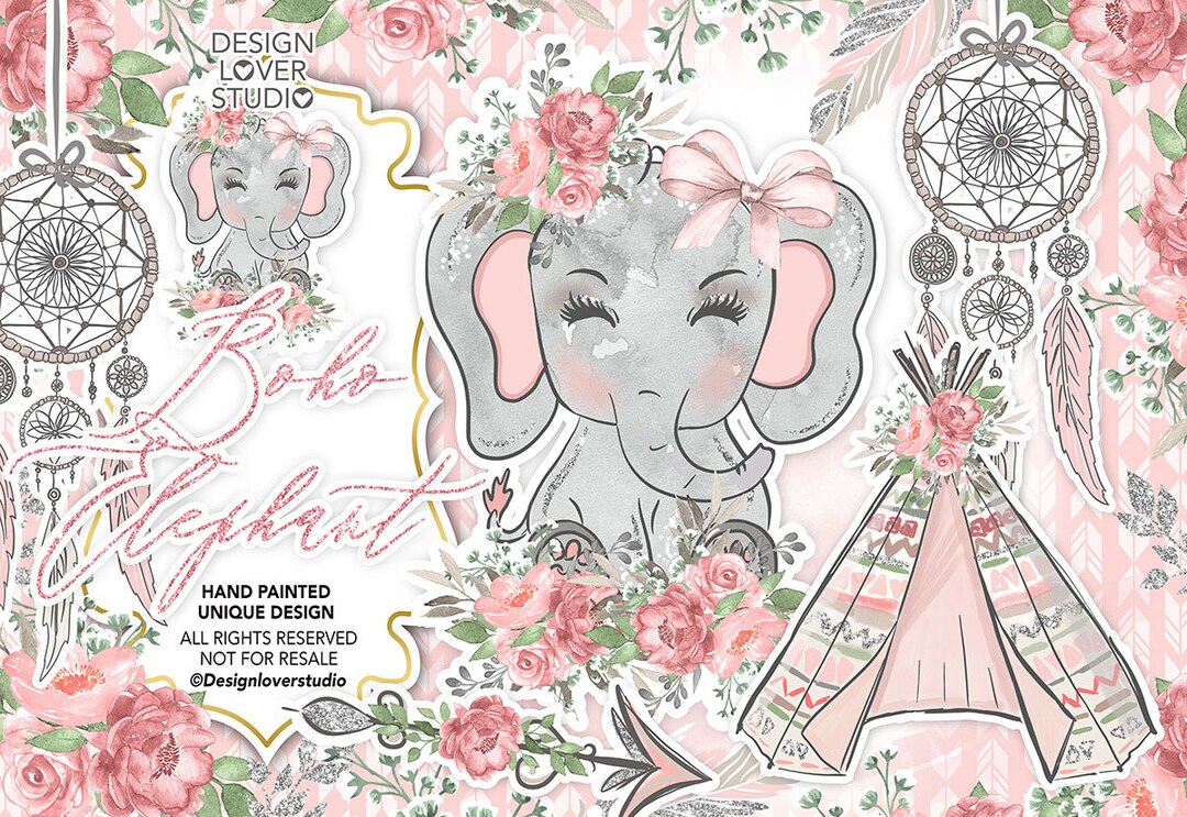 Boho Elephant Cute Design, Boho Watercolor Flower, Floral Clipart, Baby ...