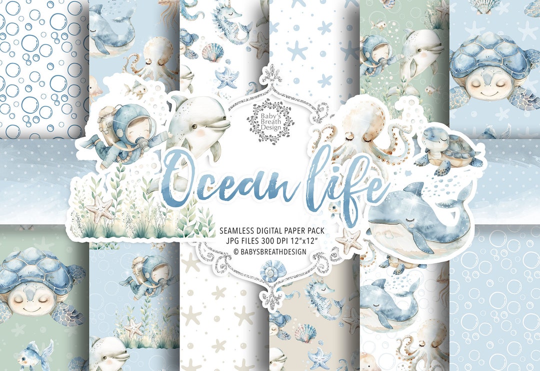 Watercolor Ocean Life Digital Paper Pack, Under the Sea Clipart Pattern ...
