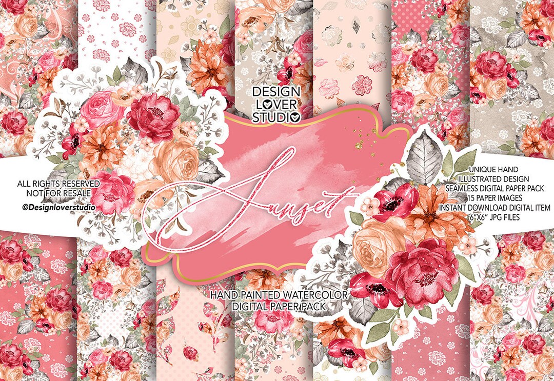 Watercolor Sunset Digital Paper Pack, Summer, Autumn Watercolor Flower ...