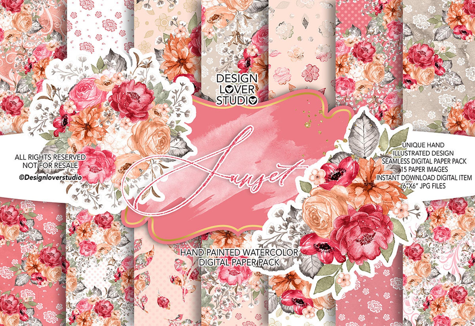 Watercolor Sunset Digital Paper Pack, Summer, Autumn Watercolor Flower ...