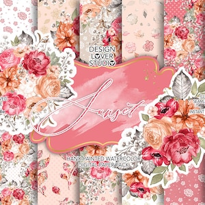 Watercolor Sunset Digital Paper Pack, Summer, Autumn Watercolor Flower ...