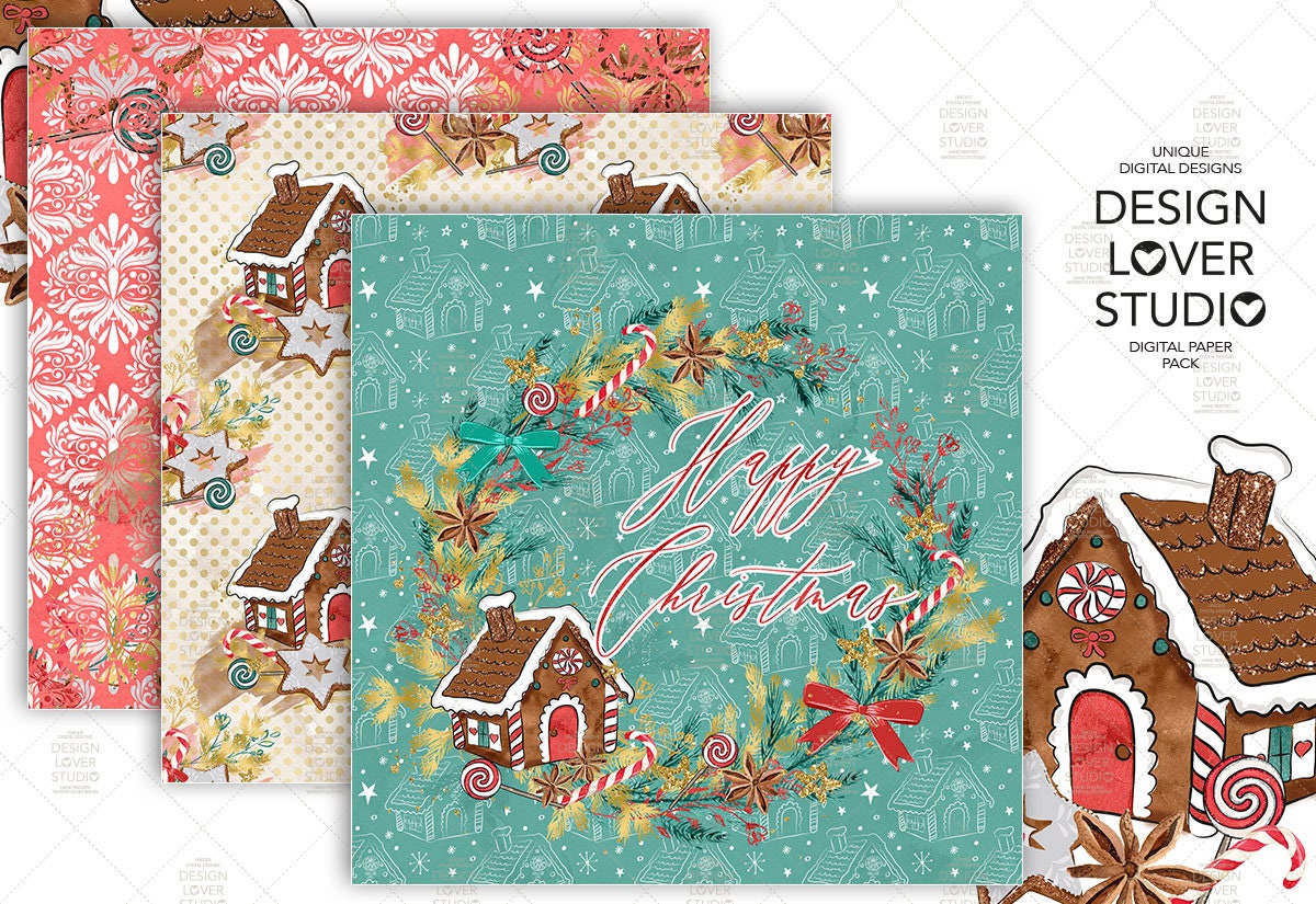 Gingerbread House Design Digital Paper Pack, Christmas Flower ...