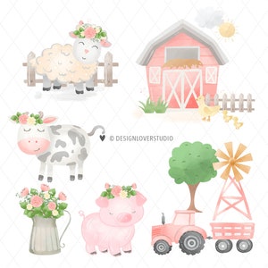 Watercolor Cute Farm Clipart, Barn Clipart, Animal Clipart, Farm Truck ...