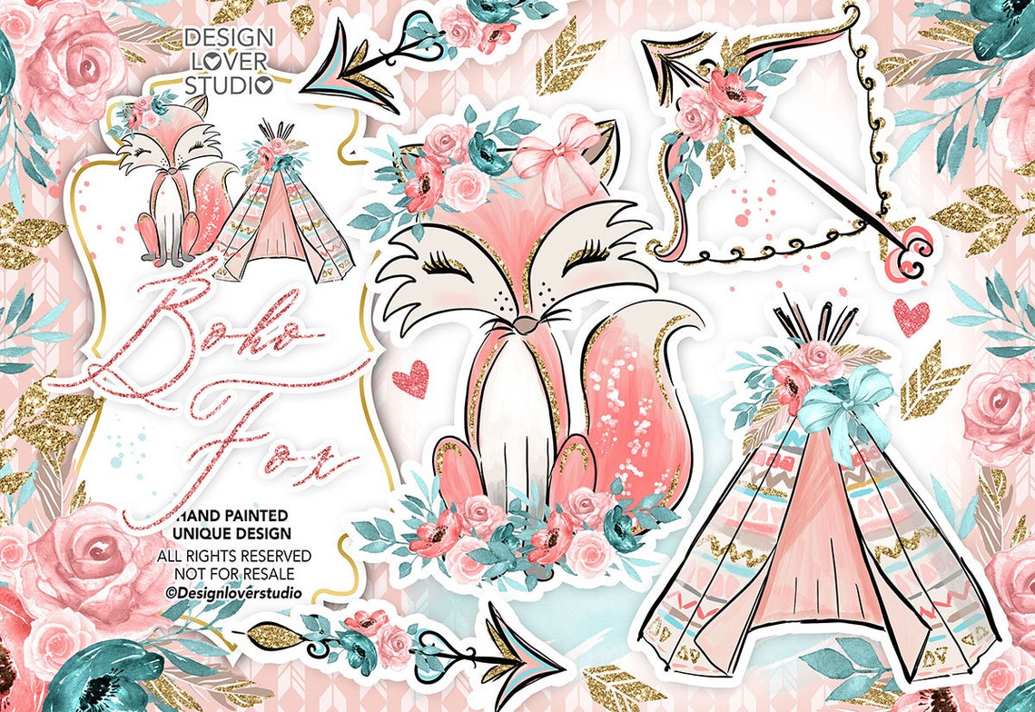 Boho Fox Cute Design Boho Watercolor Flower Floral Clipart | Etsy