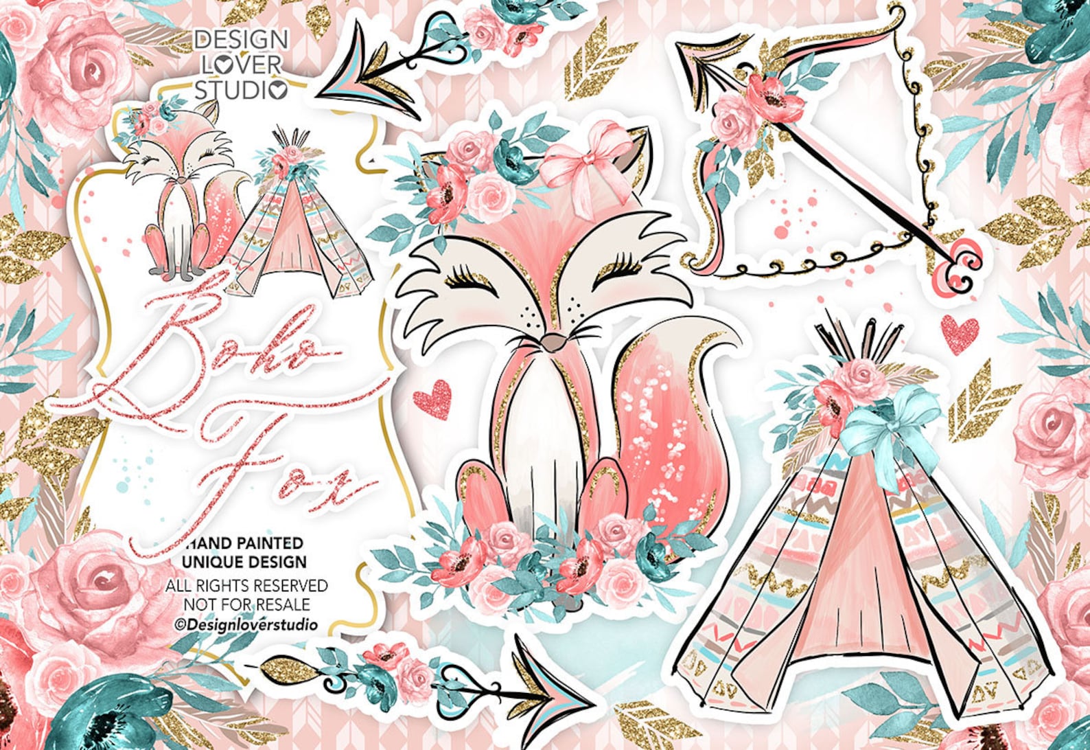 Boho Fox Cute Design Boho Watercolor Flower Floral Clipart | Etsy