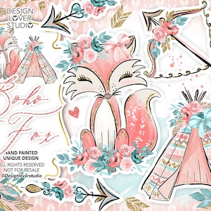 Boho Fox Cute Design, Boho Watercolor Flower, Floral Clipart, Baby Clip ...