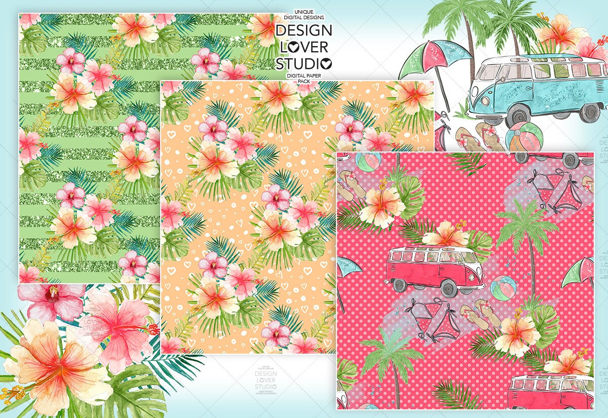 Go to the Beach Digital Paper Pack Summer Watercolor Flower - Etsy