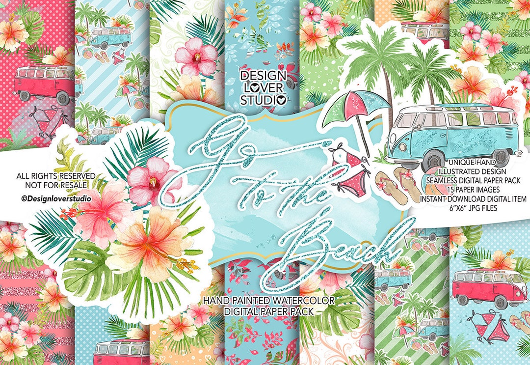 Go to the Beach Digital Paper Pack, Summer Watercolor Flower, Pink ...