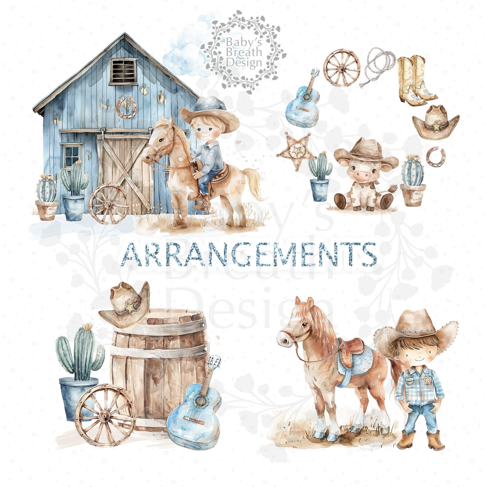 Watercolor Cute Cowboy Clipart, Baby Cowboy PNG Bundle, Wild West ...