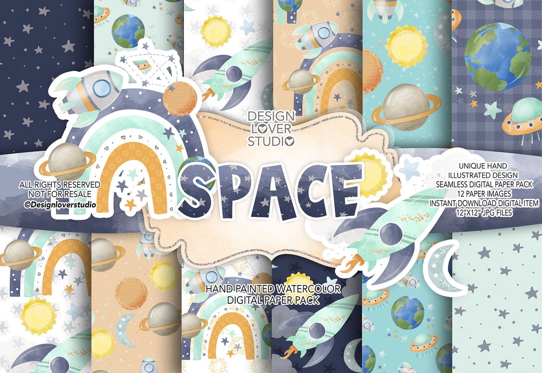Watercolor Space Digital Paper Pack, Boy Pattern, Nursery, Small ...