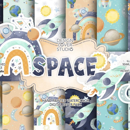 Watercolor Outer Space Planets Digital Paper Pack Cosmos - Etsy
