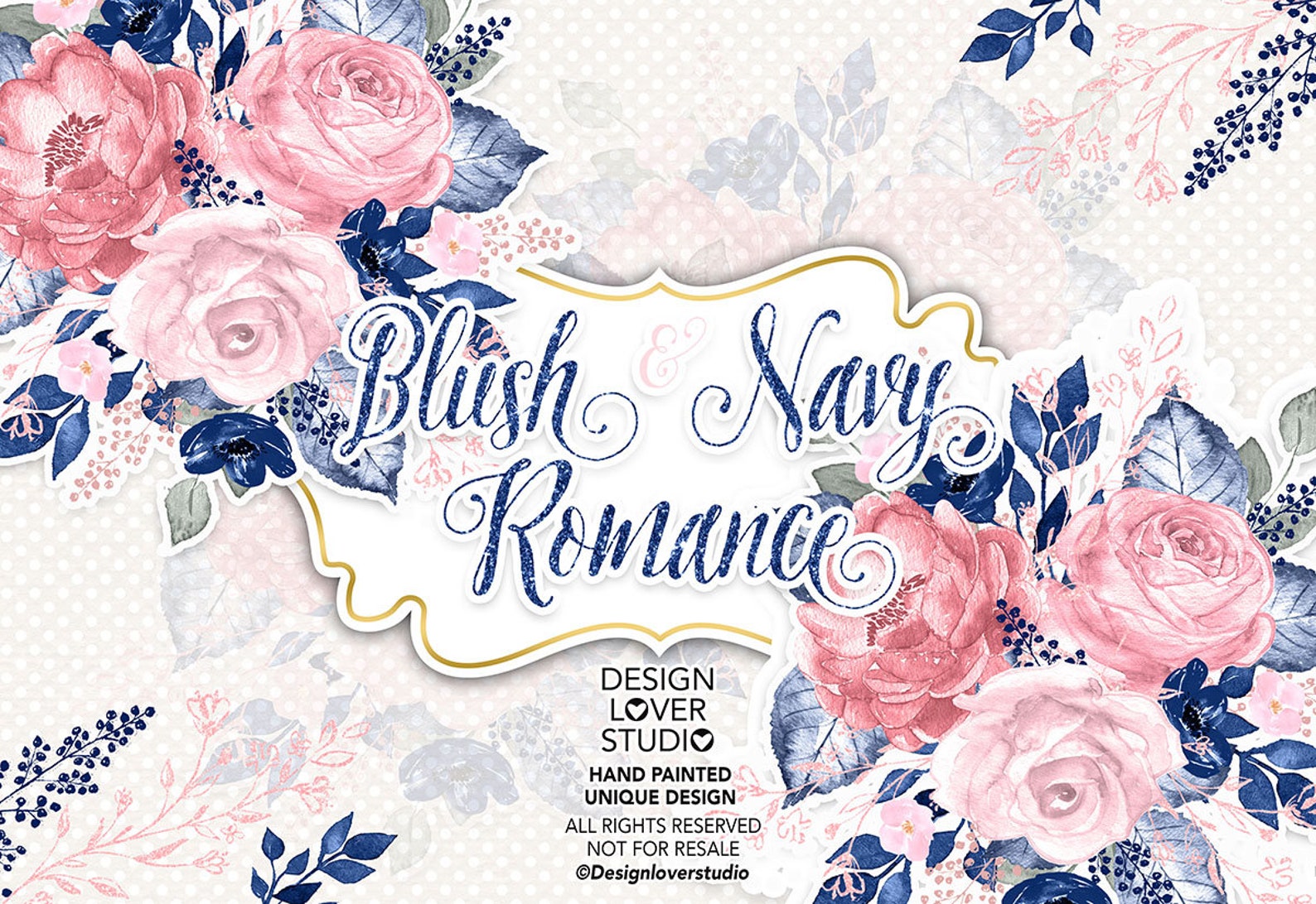 Watercolor BLUSH and NAVY ROMANCE Design, Spring Watercolor Flower ...