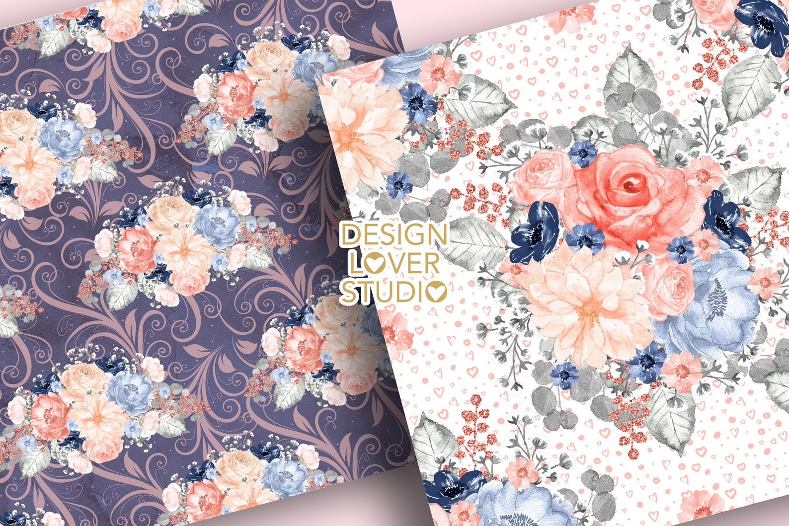 Watercolor Peach and Navy Digital Paper Pack Spring - Etsy