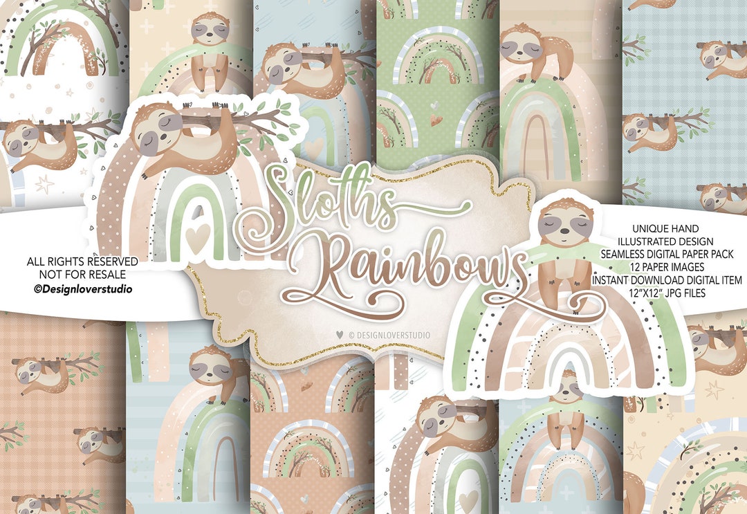 Nursery Sloths Rainbows Digital Paper Pack, Baby Girl Nursery, Rainbow ...