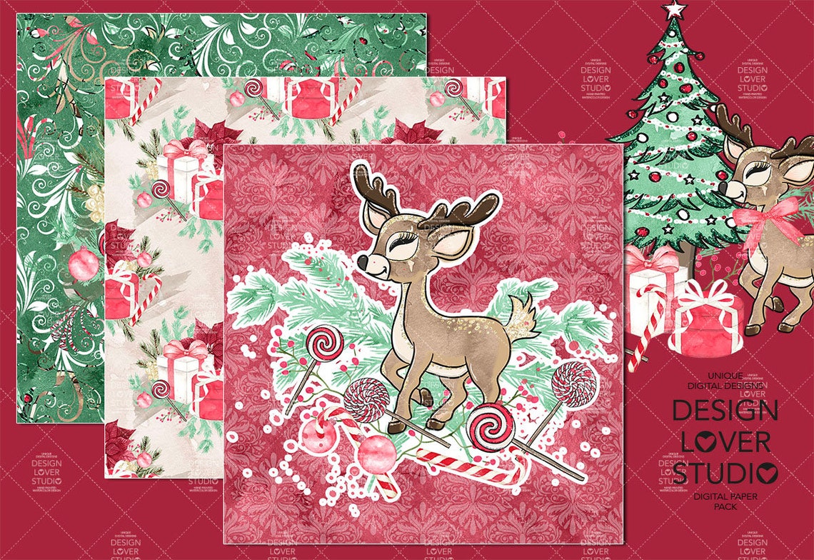 Christmas Doe Design Digital Paper, Christmas Candy, Christmas Tree ...