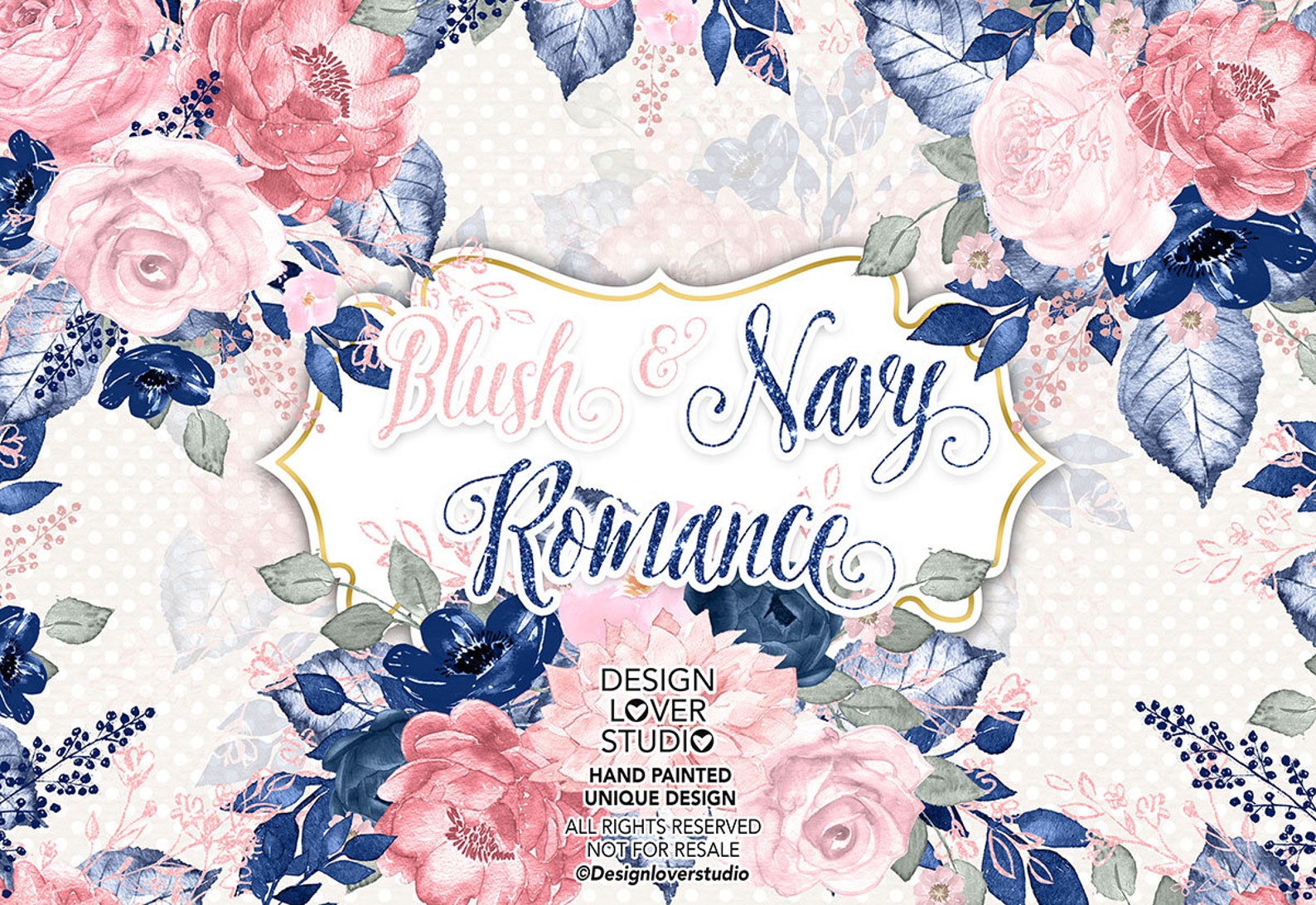 Watercolor BLUSH and NAVY ROMANCE Design, Spring Watercolor Flower ...