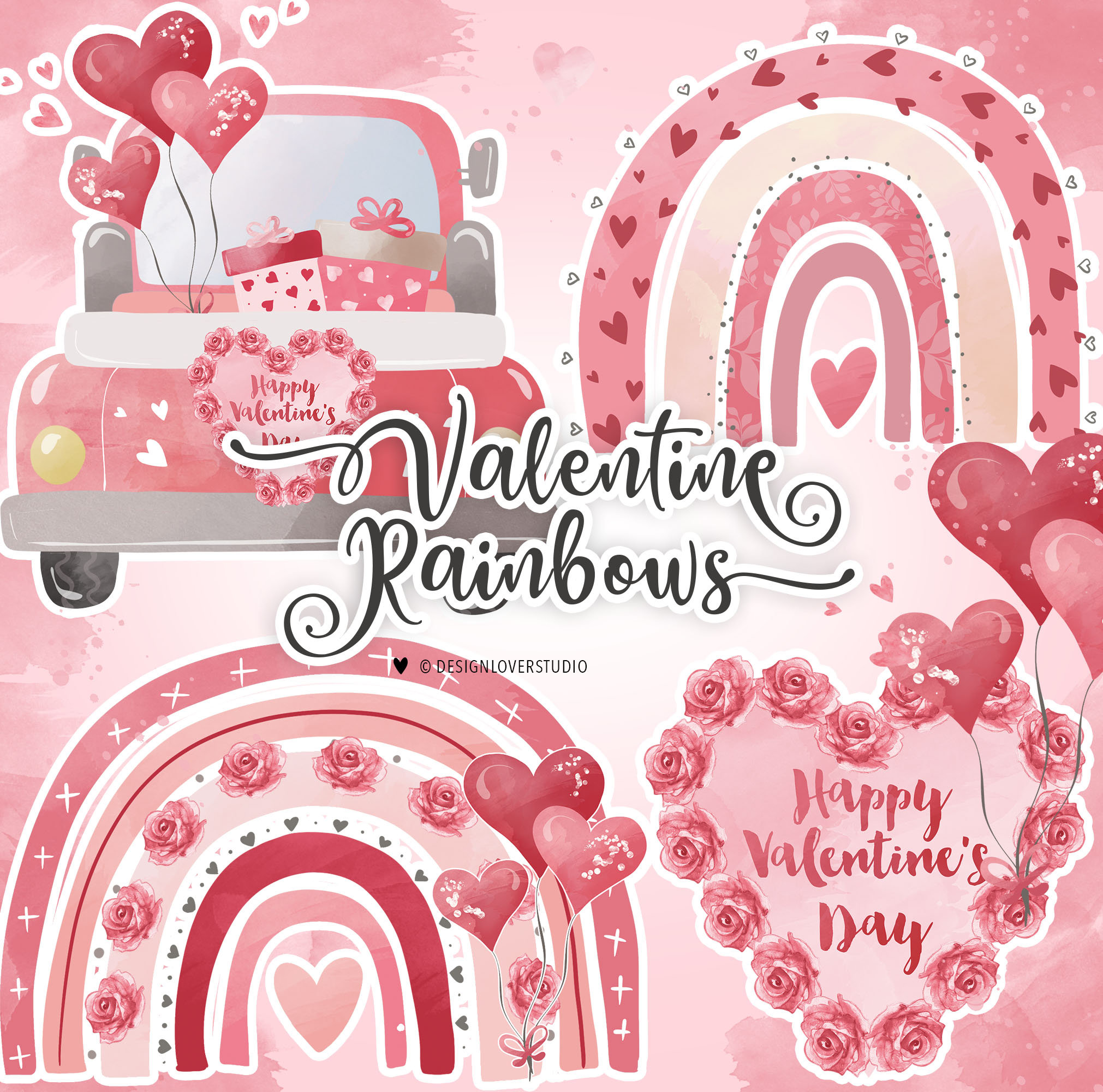 Valentine Rainbows Design Clipart Romantic Watercolor - Etsy