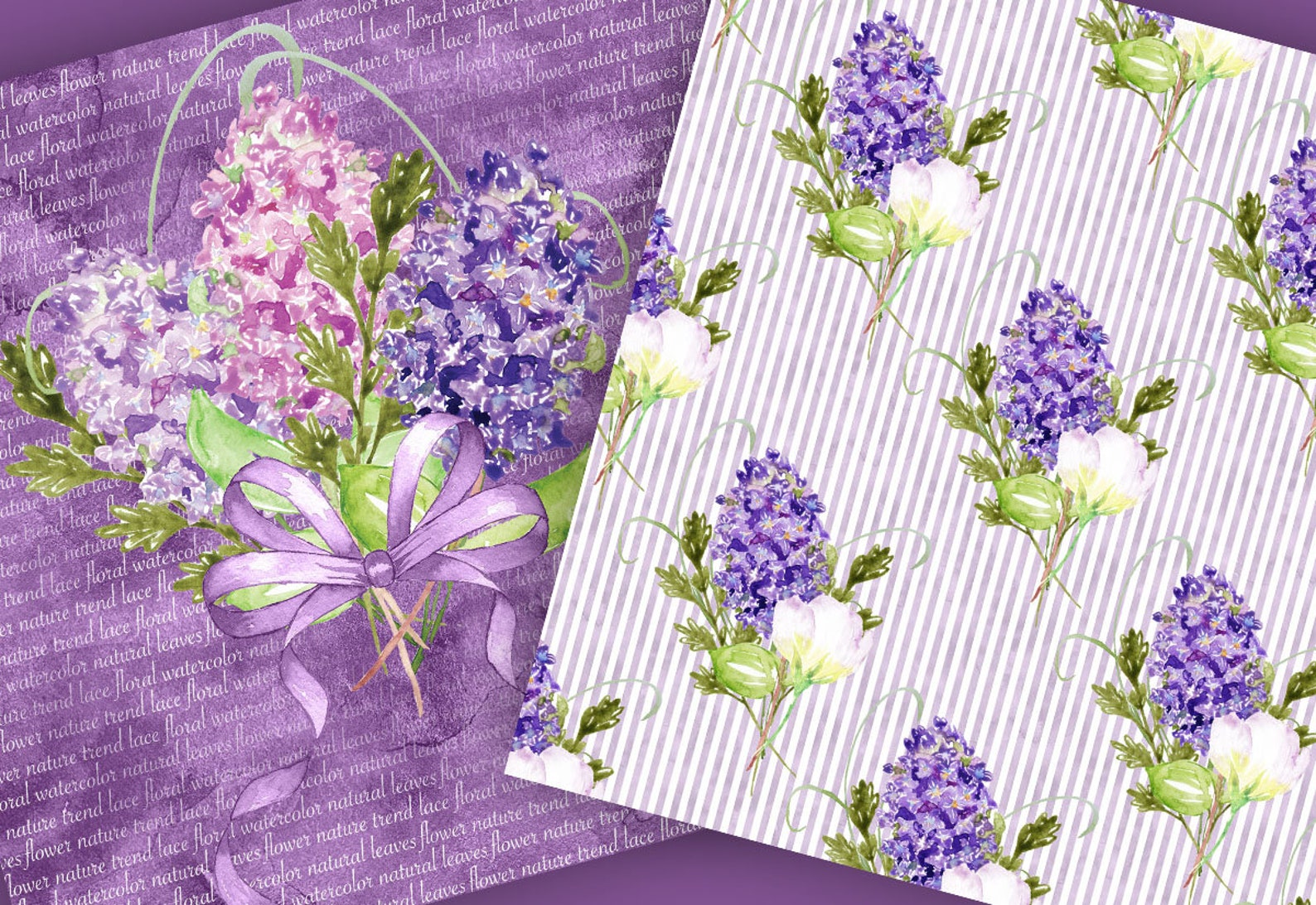 Watercolor LILAC FLOWER Digital Paper Pack Bow Lavender - Etsy