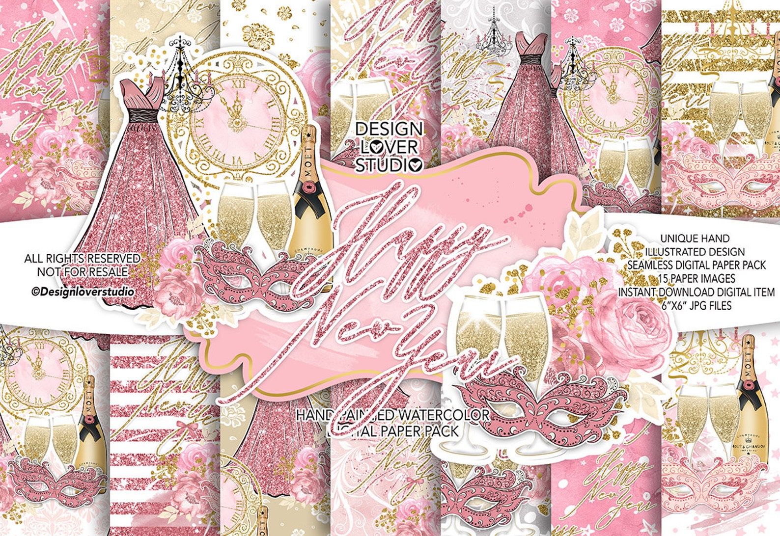 Happy New Year Digital Paper Champagne Gold New Year - Etsy