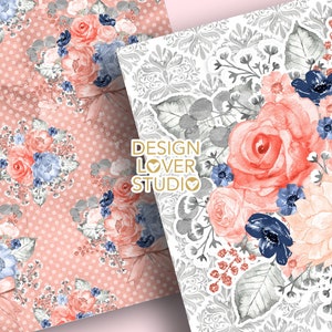 Watercolor Peach and Navy Digital Paper Pack, Spring Watercolor Flower ...