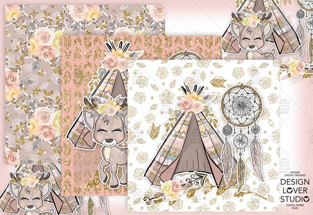 Boho Deer Cute Digital Paper Boho Watercolor Flower Floral - Etsy