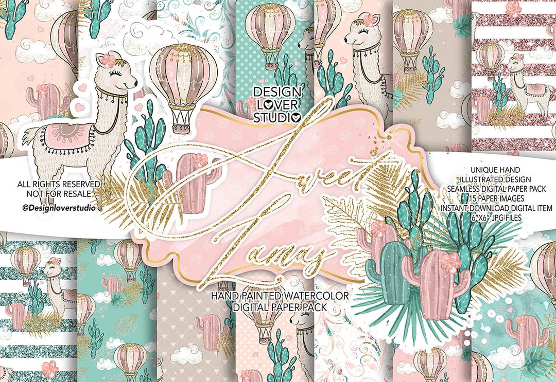 Sweet Lamas Digital Paper, Lama Digital Paper, Leaves, Baby Background ...