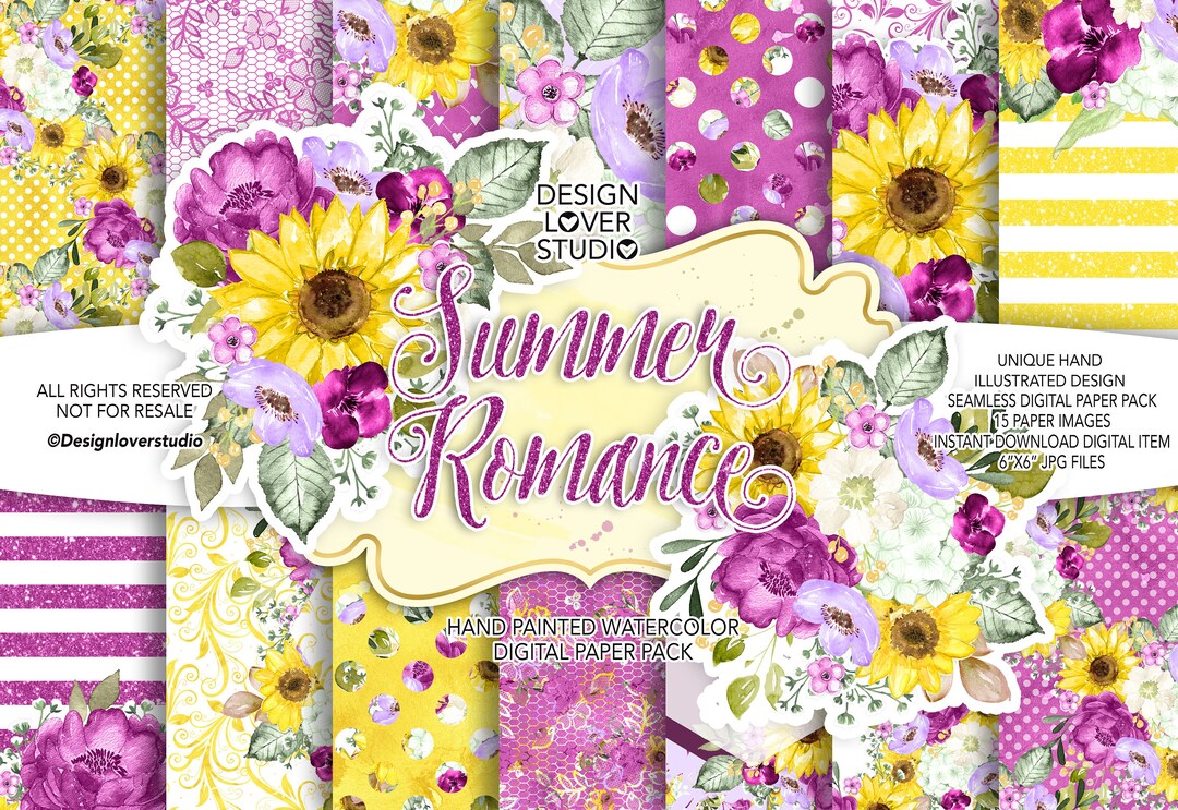 Watercolor SUMMER ROMANCE Design Digital Paper Pack , Spring Watercolor ...