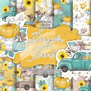 Pumpkin Truck Digital Paper Pack, Autumn Leaves, Fall, Fall Pattern ...