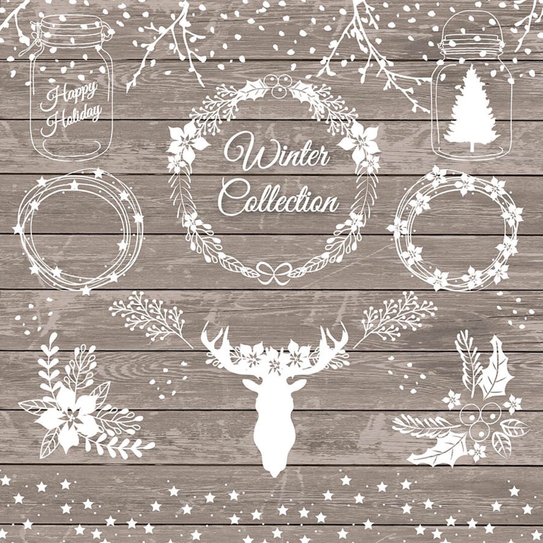 Premium VECTOR Rustic Christmas, Xmas Clipart, Holiday, Deer, Wreath ...