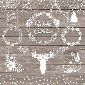 Premium VECTOR Rustic Christmas, Xmas Clipart, Holiday, Deer, Wreath ...