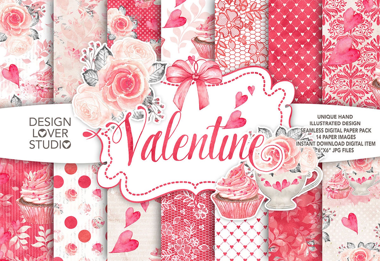 Watercolor Sweet Valentine Digital Paper Pack Romantic Hand | Etsy