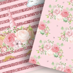 Unicorn Faces Floral Digital Paper Pack, Rainbow, Pink and Gold Unicorn ...