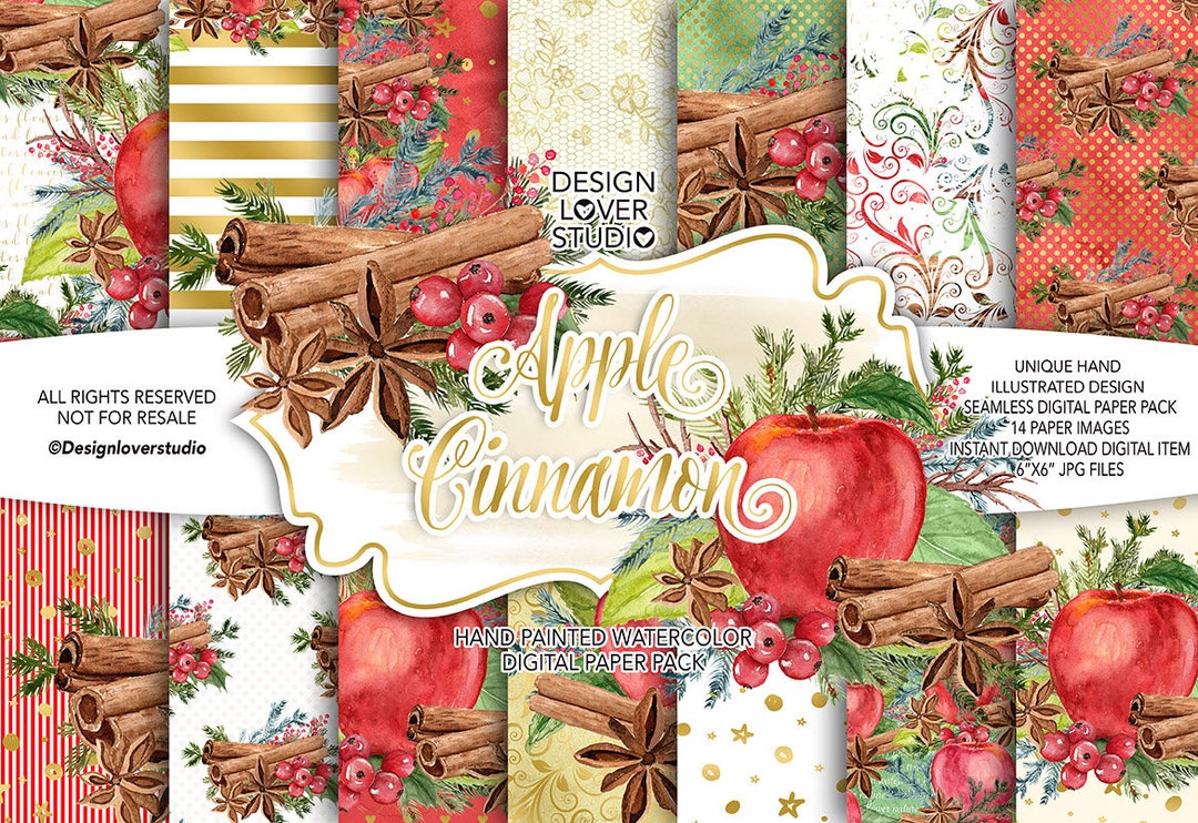Watercolor "apple Cinnamon" Hand Painted Digital Papers, Pine Branches ...