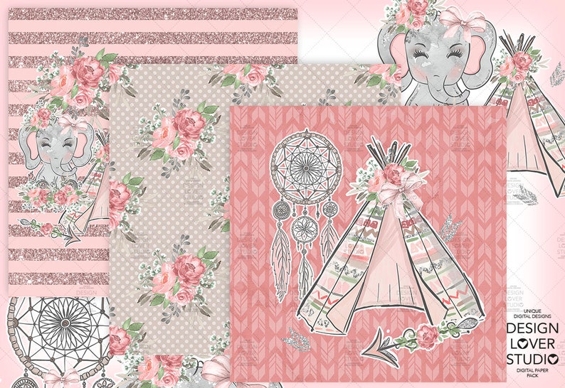 Boho Elephant Cute Digital Paper Pack, Boho Watercolor Flower, Floral ...